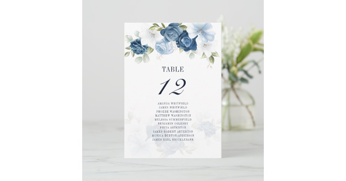 Dusty Blue Floral Number 12 Wedding Seating Chart Invitation | Zazzle