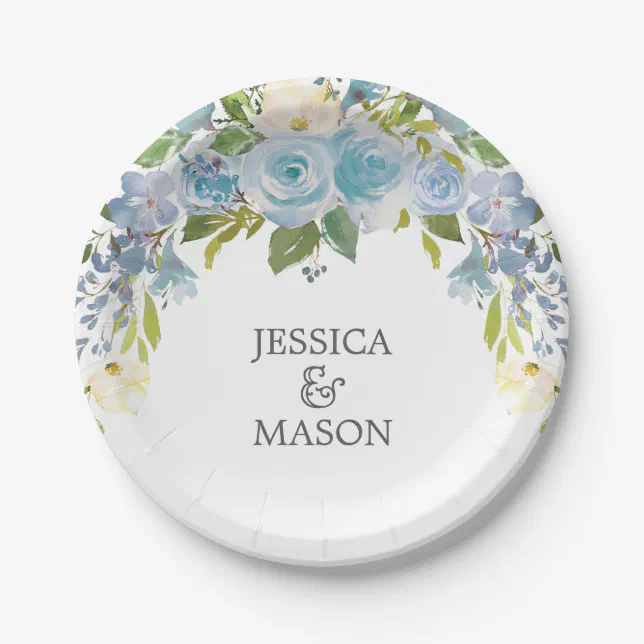 Dusty Blue Floral Paper Plate | Zazzle