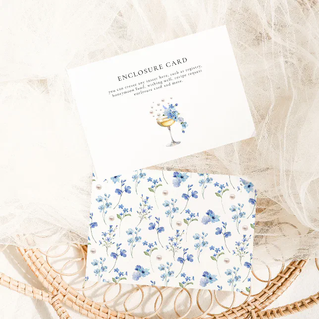 Dusty Blue Floral Pearls & Prosecco Bridal Shower Enclosure Card | Zazzle