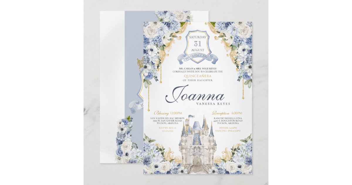 Dusty Blue Floral Princess Castle Royal Quince Invitation | Zazzle