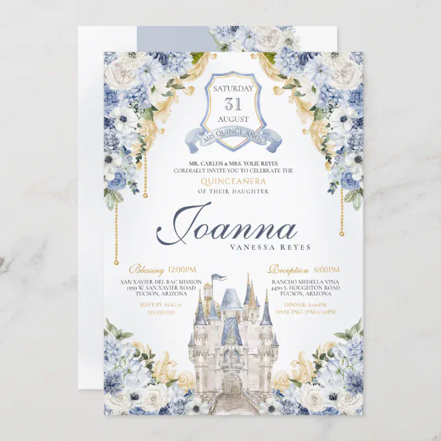 Dusty Blue Floral Princess Castle Royal Quince Invitation | Zazzle