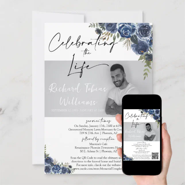 Dusty Blue Floral QR Code Memorial Photo Funeral Invitation | Zazzle
