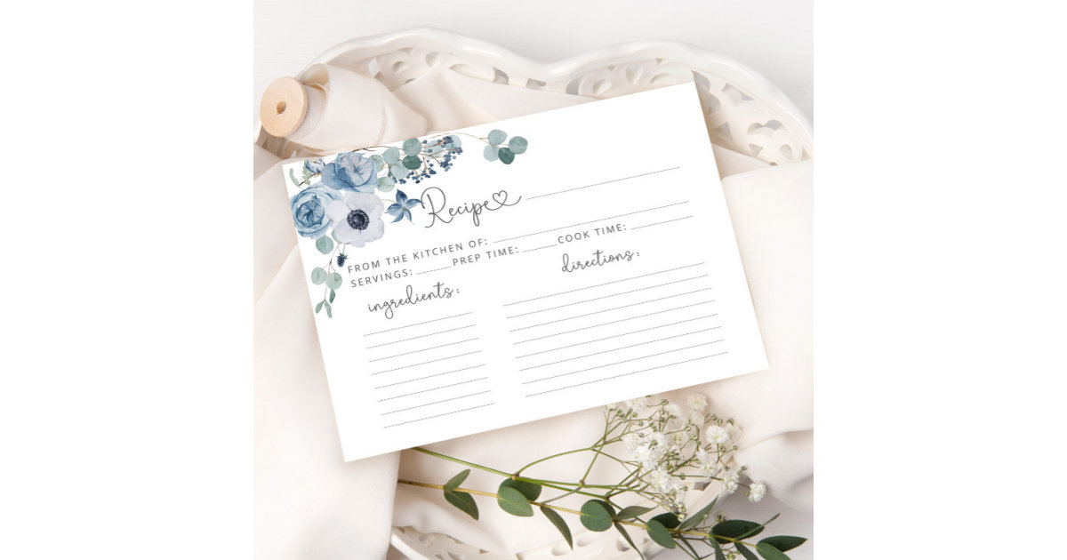 Dusty blue floral recipe card | Zazzle