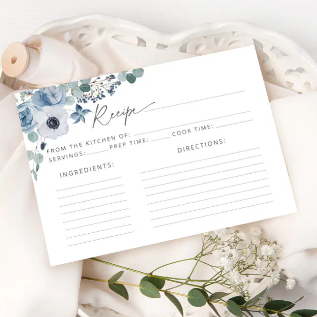 Dusty blue floral recipe card | Zazzle