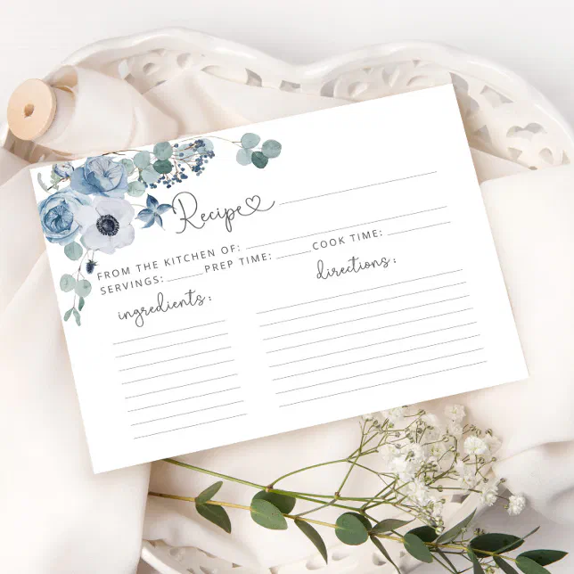 Dusty blue floral recipe card | Zazzle