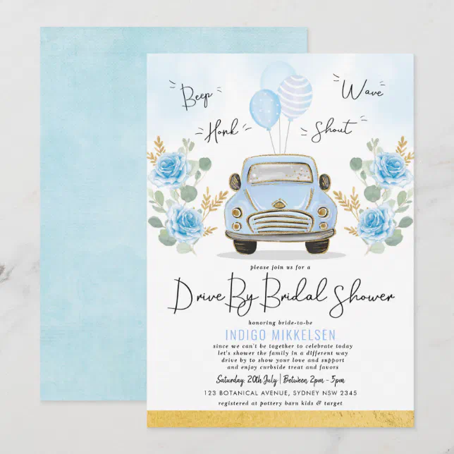 Dusty Blue Floral Retro Car Drive By Bridal Shower Invitation | Zazzle