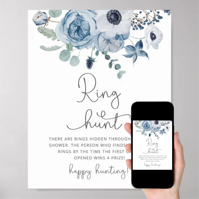 Dusty blue floral ring hunt bridal shower game poster | Zazzle