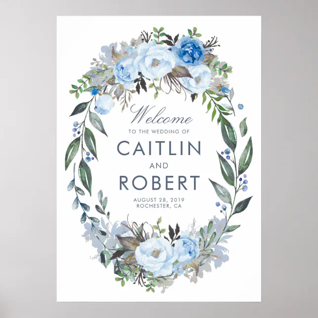 Dusty Blue Floral Romantic Wedding Welcome Poster | Zazzle