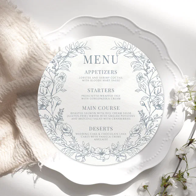 Dusty blue floral round wedding Menu Card Plate | Zazzle