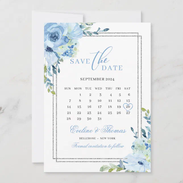 Dusty blue floral silver glitter calendar wedding save the date | Zazzle