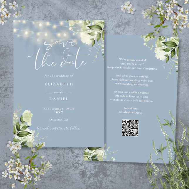 Dusty Blue Floral String Lights QR Code Wedding Save The Date | Zazzle