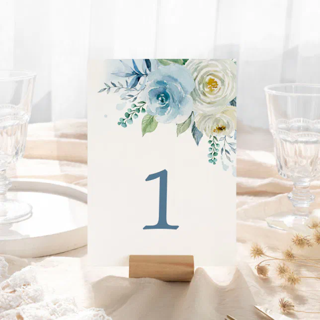 Dusty Blue Floral Table 1 Wedding Table Number | Zazzle