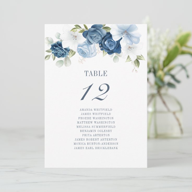 Dusty Blue Floral Table Number 12 Seating Chart | Zazzle