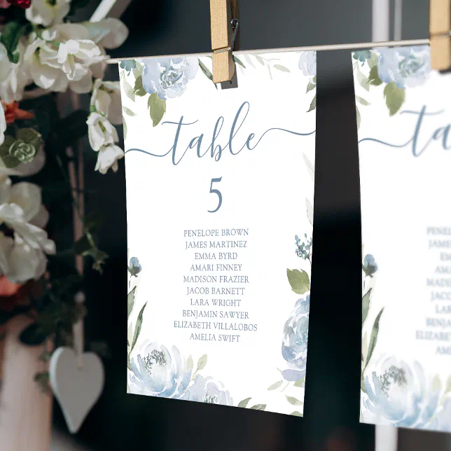 Dusty blue floral table number seating chart | Zazzle