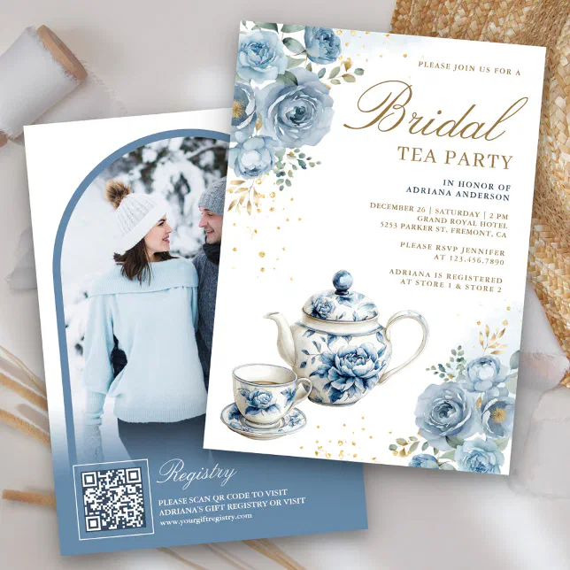 Dusty Blue Floral Tea Party QR Code Bridal Shower Invitation | Zazzle
