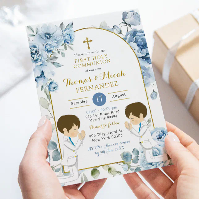 Dusty Blue Floral Twins Boy Praying Holy Communion Invitation | Zazzle