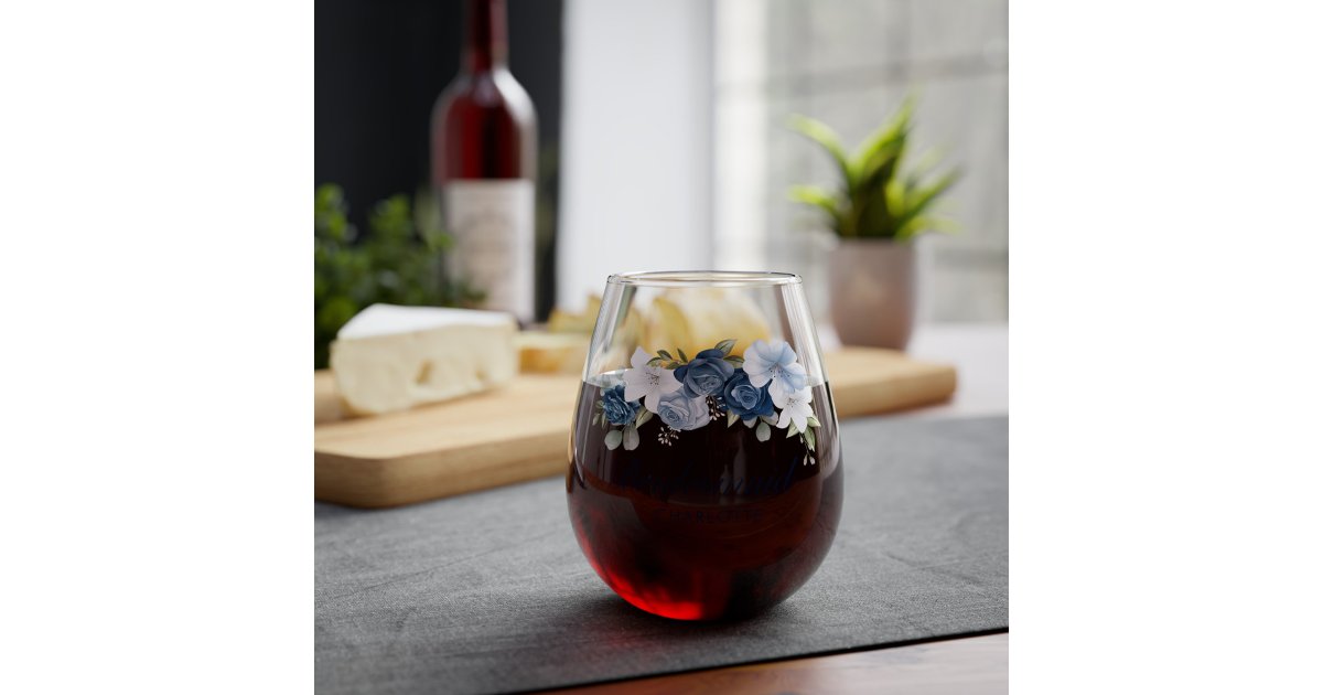 Dusty Blue Floral Wedding Bridesmaid Favor Stemless Wine Glass | Zazzle