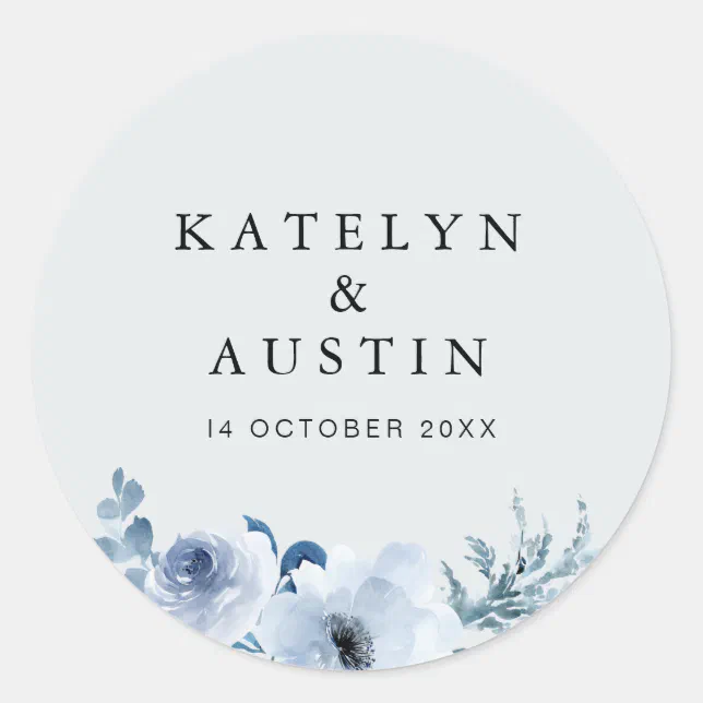 dusty blue floral wedding classic round sticker | Zazzle