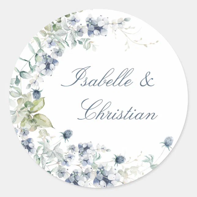 Dusty Blue Floral Wedding Classic Round Sticker | Zazzle