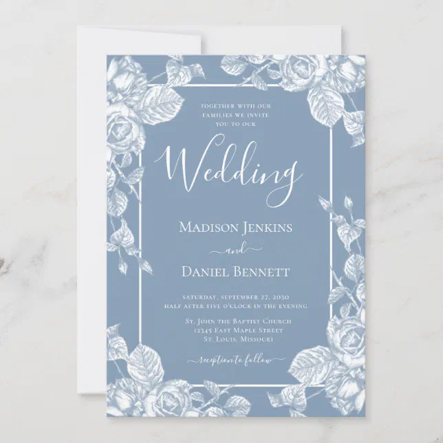 Dusty Blue Floral Wedding Invitation | Zazzle