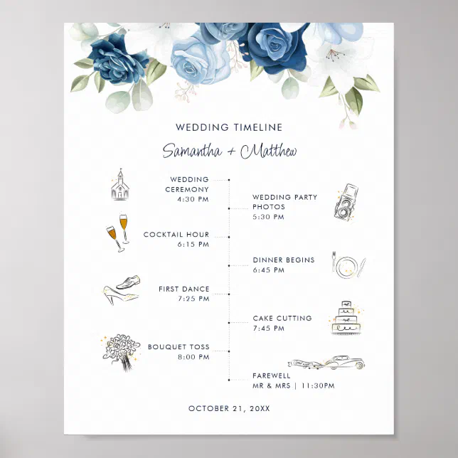Dusty Blue Floral Wedding Itinerary Program Poster | Zazzle