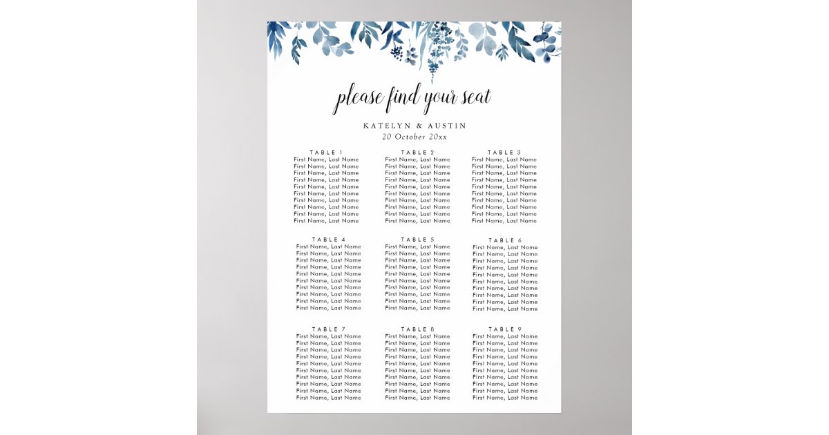 dusty blue floral wedding seating chart | Zazzle