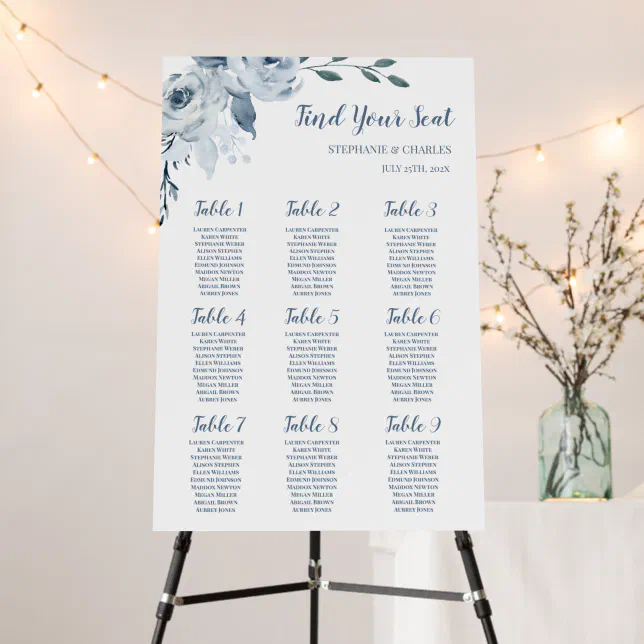 Dusty Blue Floral Wedding Seating Chart Foam Board | Zazzle
