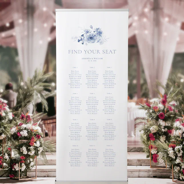 Dusty Blue Floral Wedding Seating Chart Retractable Banner | Zazzle