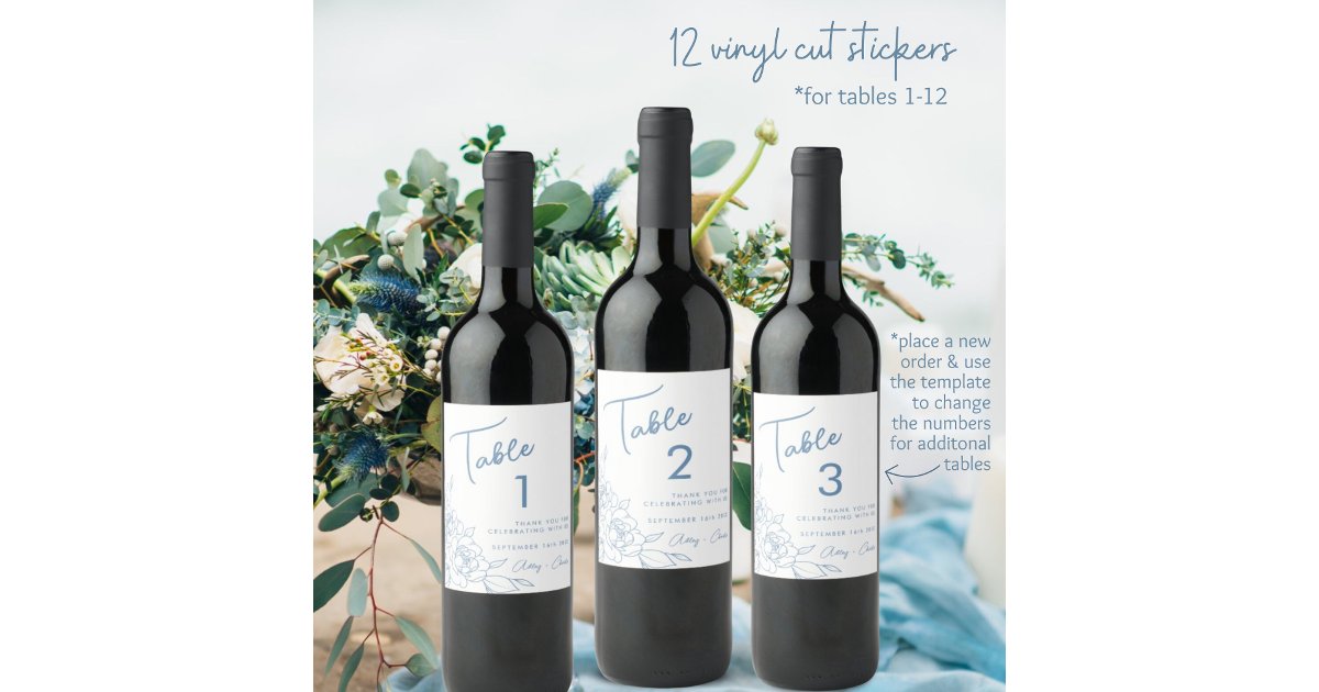 Dusty Blue Floral Wedding Wine Label Table Numbers | Zazzle