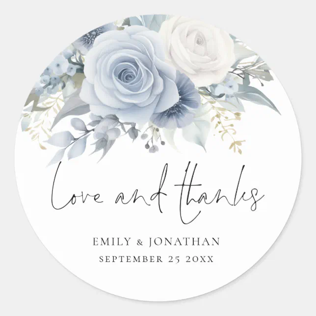 Dusty Blue Florals Love Thanks Wedding Classic Round Sticker | Zazzle