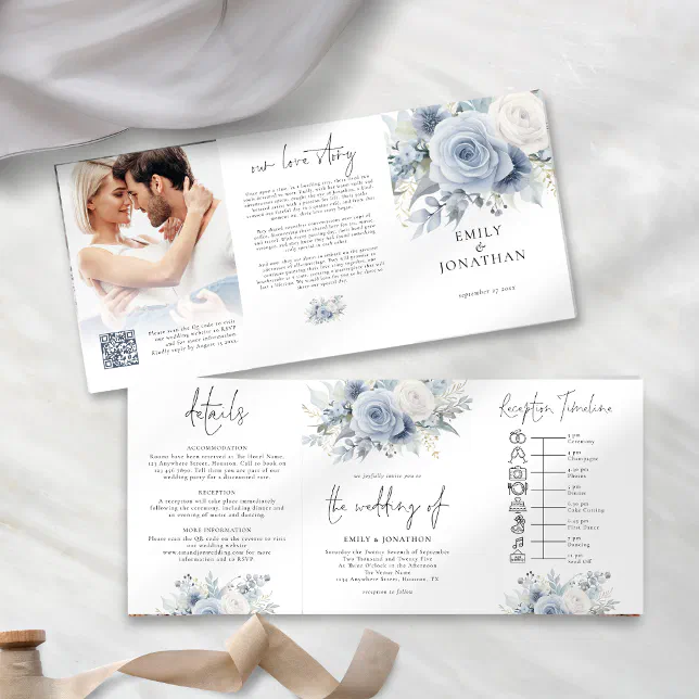 Dusty Blue Florals Photo QR Code Timeline Wedding Tri-Fold Invitation ...
