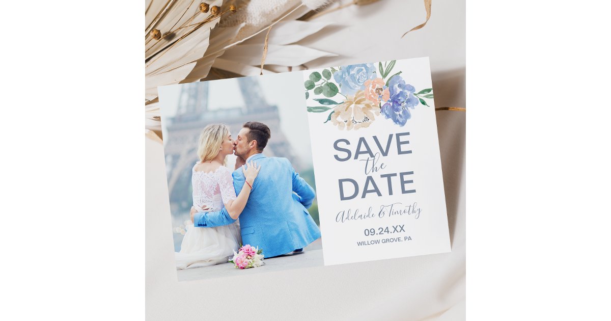 Dusty Blue Florals Photo Save the Date Card | Zazzle