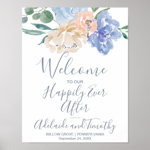 Dusty Blue Florals Welcome Wedding Poster | Zazzle