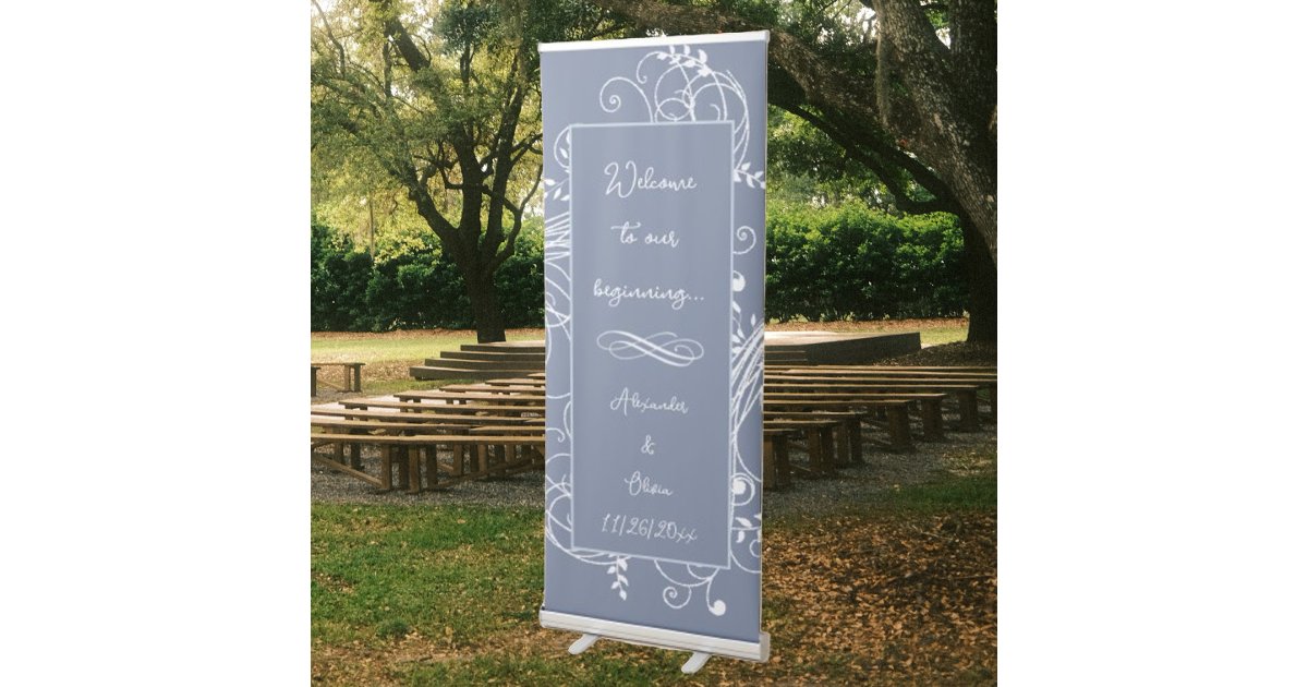Dusty Blue Flourish Wedding Retractable Banner | Zazzle
