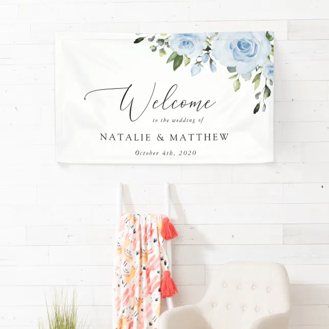 Dusty Blue Flowers, Boho, Wedding Welcome Banner | Zazzle