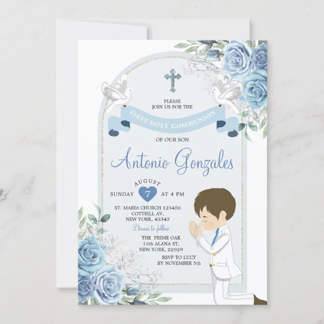Dusty Blue Flowers Boy First Holy Communion Invitation | Zazzle