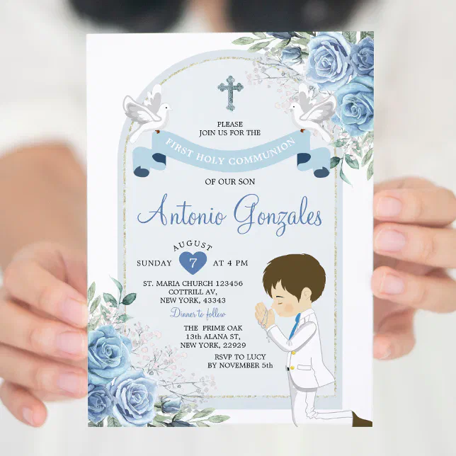 Dusty Blue Flowers Boy First Holy Communion Invitation | Zazzle
