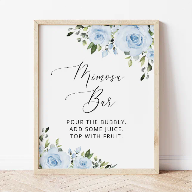 Dusty Blue Flowers, Greenery, Boho, Mimosa Bar Poster | Zazzle