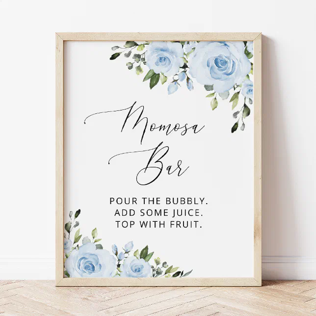 Dusty Blue Flowers, Greenery, Boho, Momosa Bar Poster | Zazzle