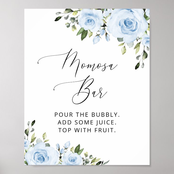 Dusty Blue Flowers, Greenery, Boho, Momosa Bar Poster | Zazzle