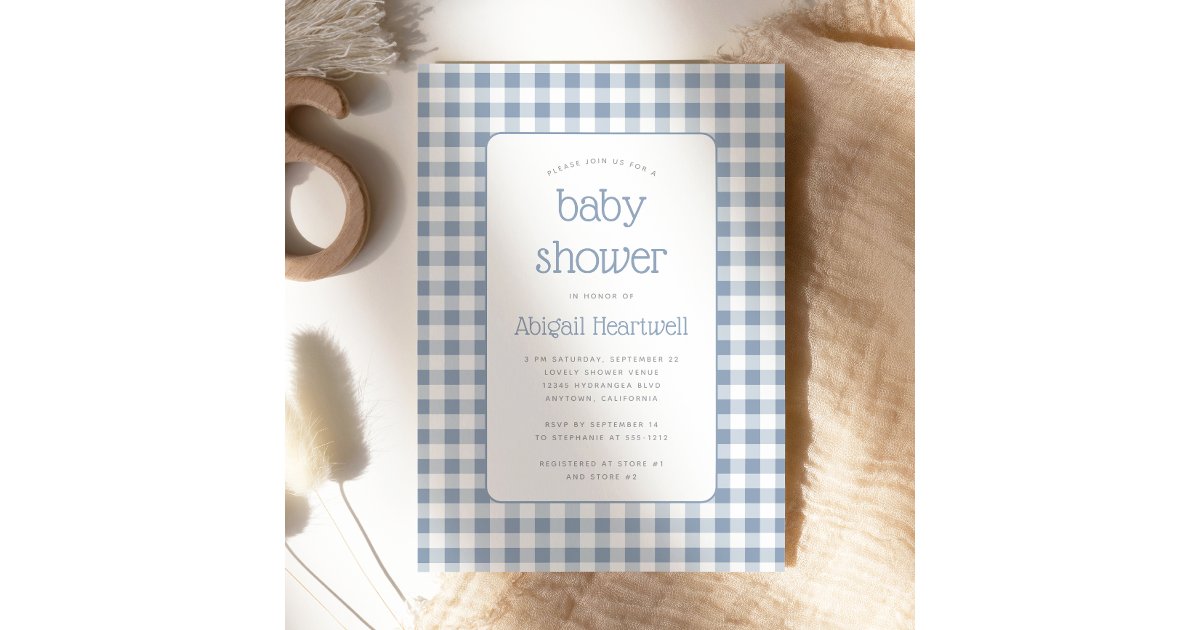 Dusty Blue Gingham Check Baby Shower Invitation | Zazzle