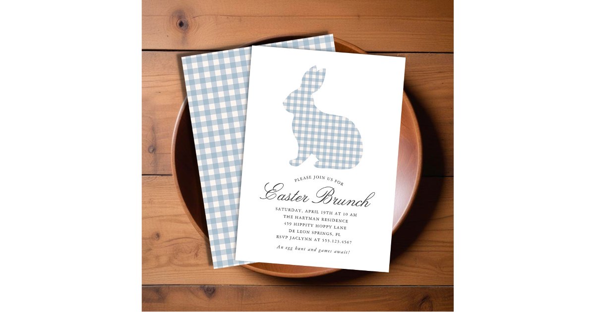 Dusty Blue Gingham Rabbit Easter Brunch Invitation | Zazzle