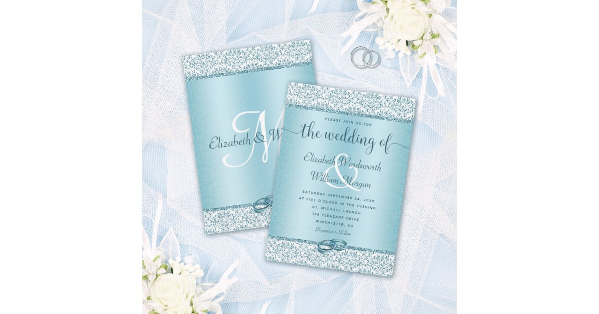 Dusty Blue Glitter Monogram Wedding Invitation | Zazzle