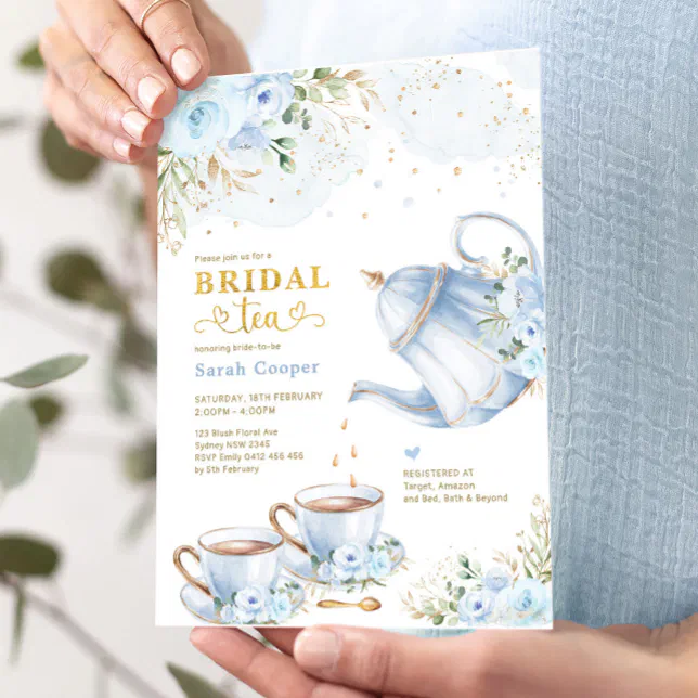 Dusty Blue Gold Floral Bridal Shower Tea Party Invitation Zazzle