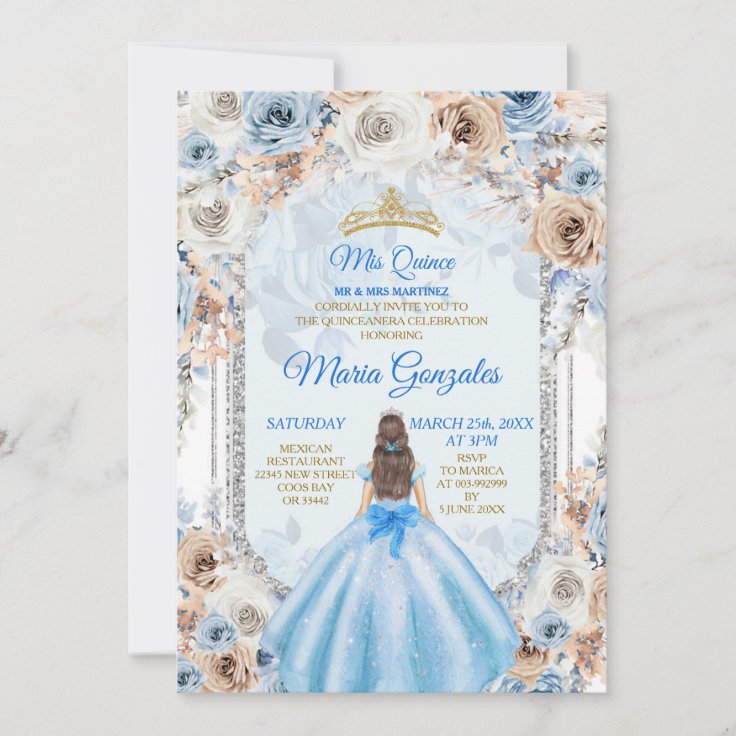 Dusty Blue & Gold Floral Mis XV Anos Invitation | Zazzle