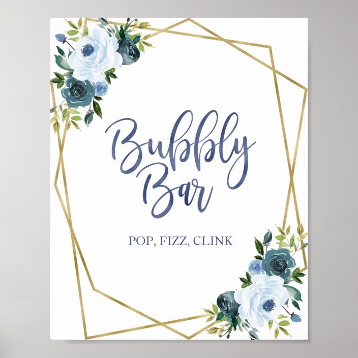 Dusty Blue Gold Floral Watercolor Bubbly Bar Sign | Zazzle.com