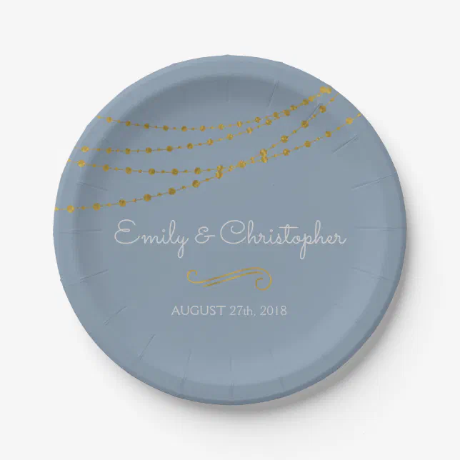 Dusty Blue & Gold Foil String Lights Plates | Zazzle