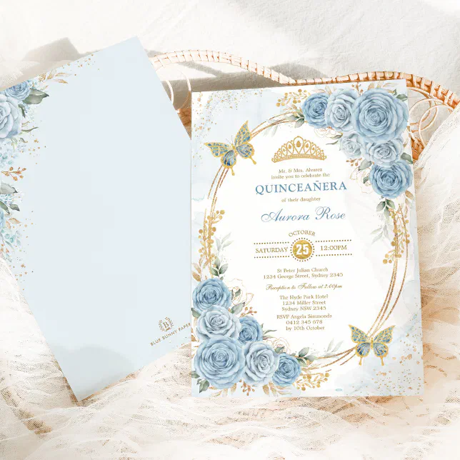Dusty Blue Gold Quinceanera Mis Quince 15 Anos Invitation | Zazzle
