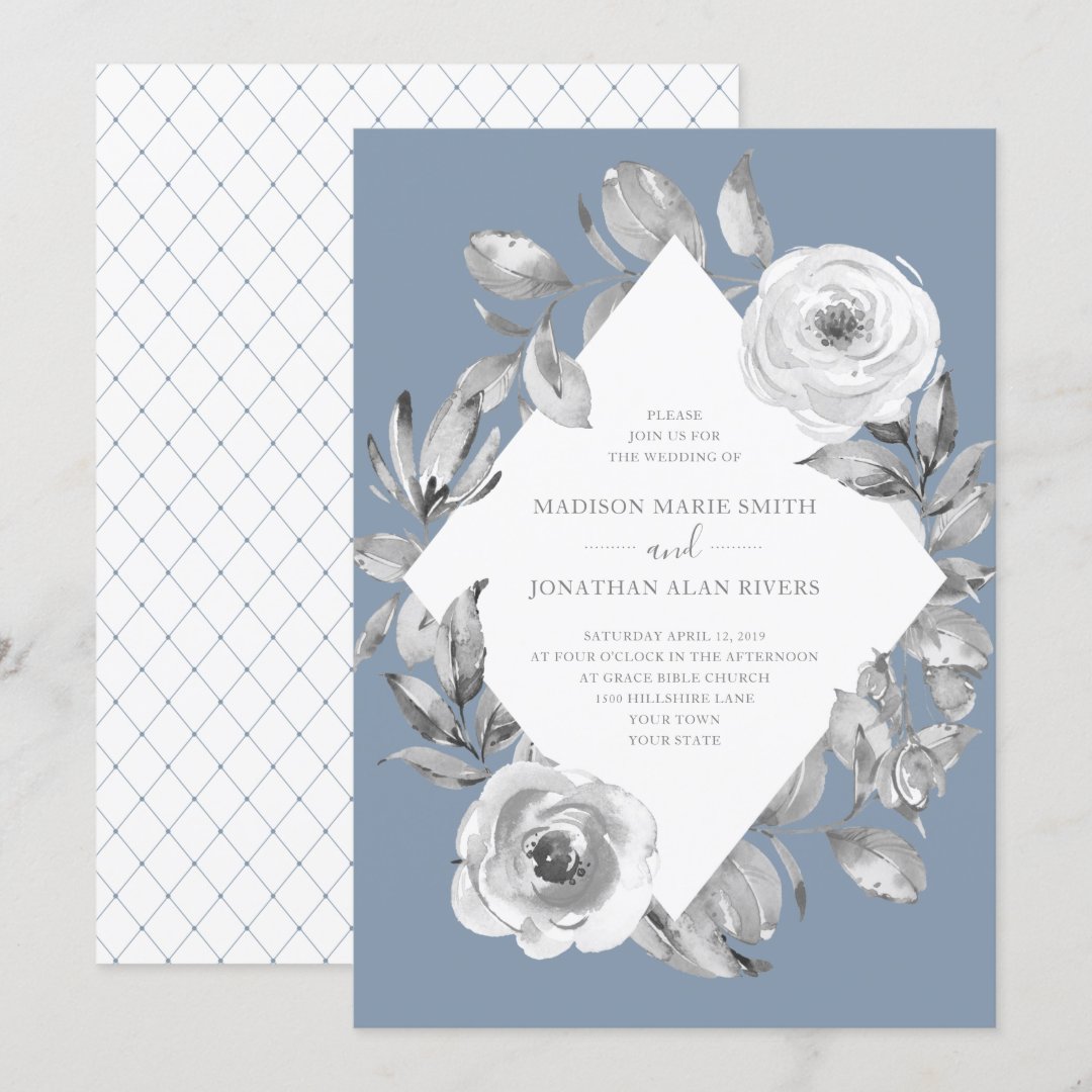 Dusty Blue Gray Floral Diamond Wedding Invitation | Zazzle