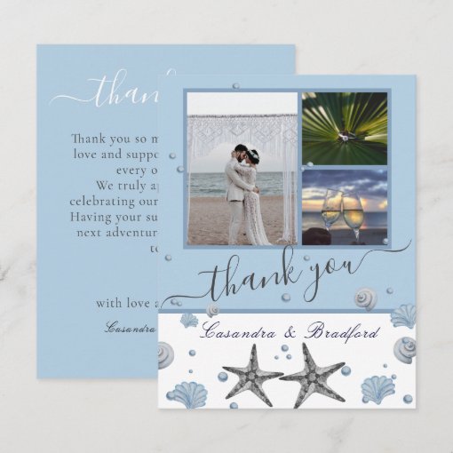 Dusty Blue Gray Starfish Shells 3 photo collage Thank You Card | Zazzle